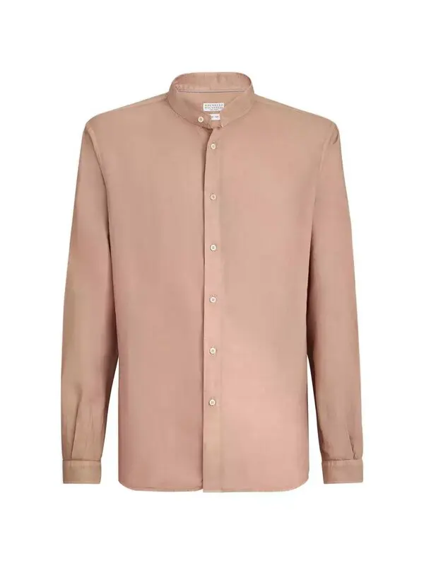 Brunello Cucinelli Garment-dyed Shirt In Cotton And Linen Pinpoint With Mandarin Collar - Neutrals