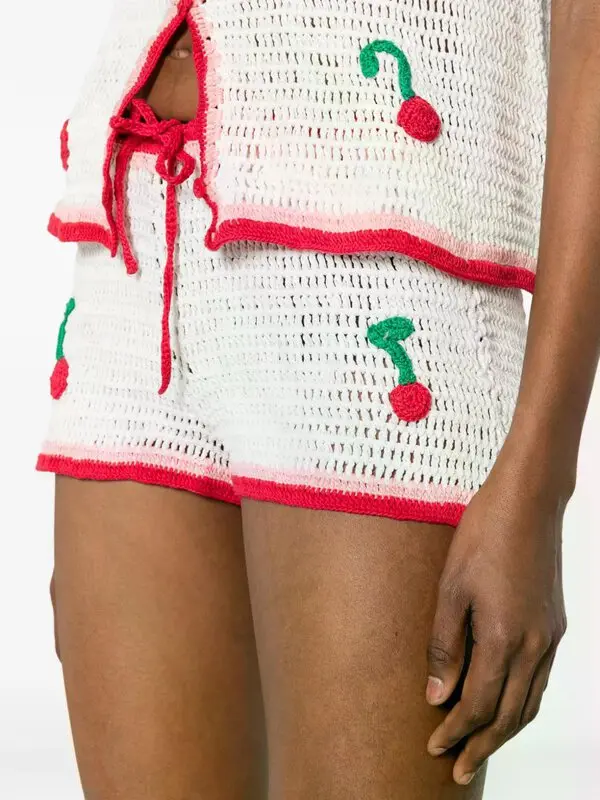 LESLIE AMON Crochet Shorts With Cherry Appliqu - White