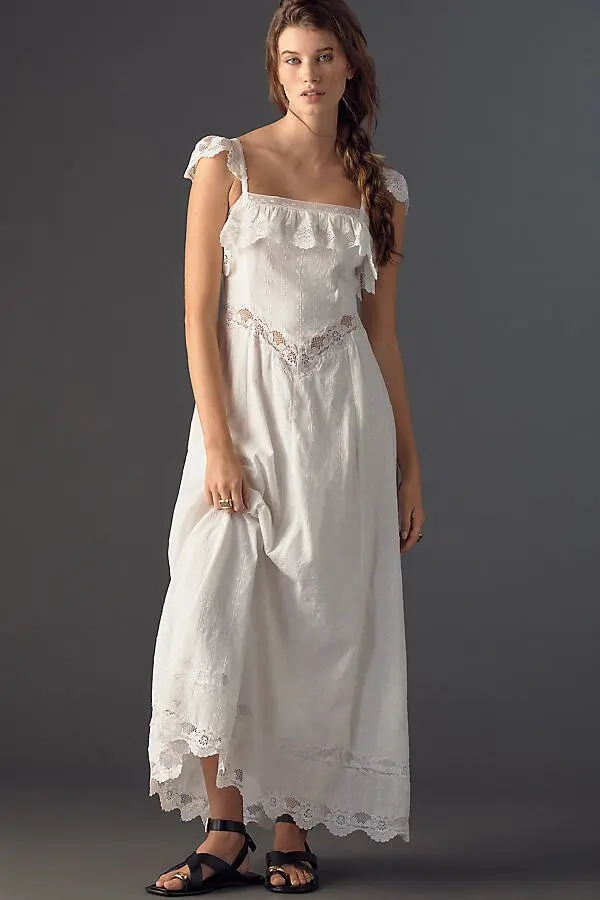 RAHI Ruffle Lace Flutter-sleeve Cotton Maxi Dress