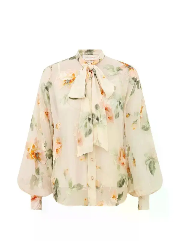Zimmermann Carousel Burnout Floral-print Pussy-bow Blouse - Peach Floral