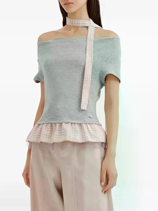 MINI CREAM Gingham-check Peplum Blouse