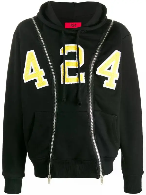 424 Appliqué Zip Detail Hoodie - Black