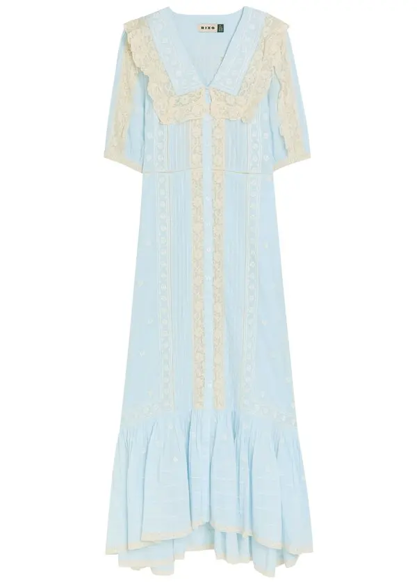 Rixo Edina Cotton Midi Dress With Lace Trim - Light Blue