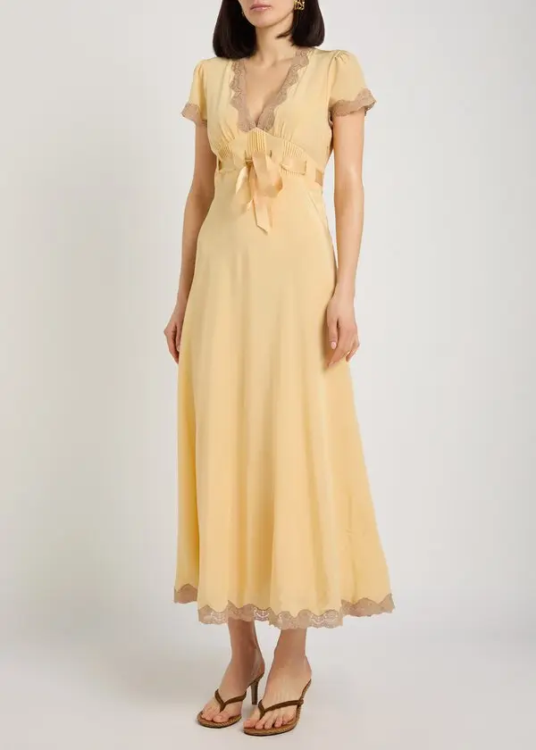 Rixo Marlice Lace-trim Silk Midi Dress - Yellow