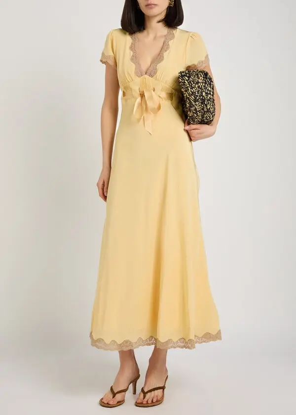 Rixo Marlice Lace-trim Silk Midi Dress - Yellow
