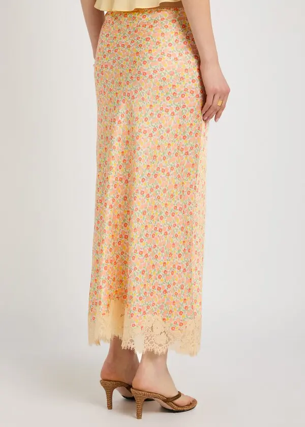 Rixo Matilde Floral-print Satin Midi Skirt