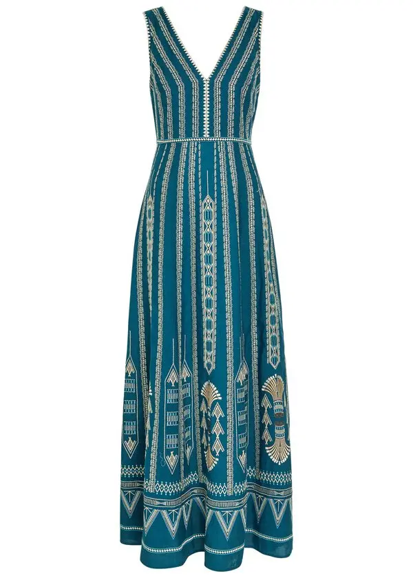 EMPORIO SIRENUSE Nellie Ballerina Embroidered Linen-blend Midi Dress - Blue