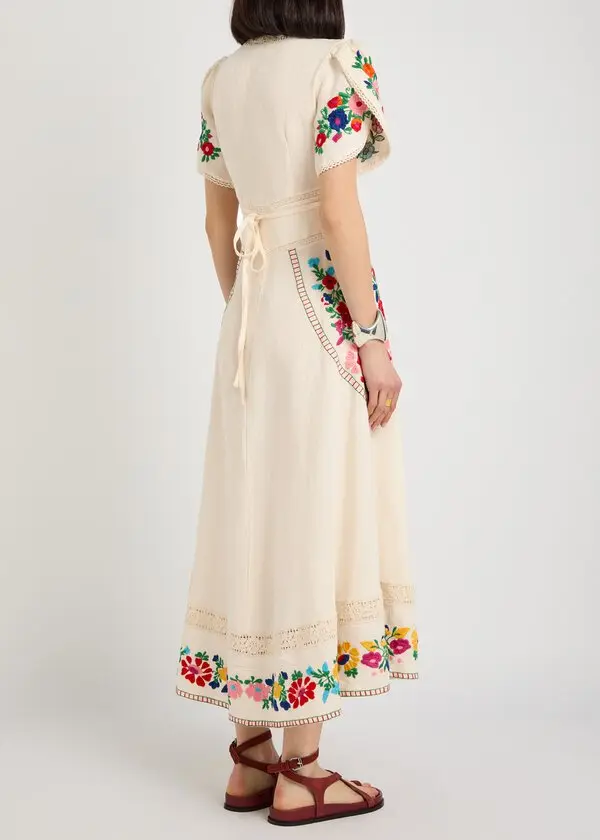 Rixo Novara Floral-embroidered Linen-blend Midi Dress