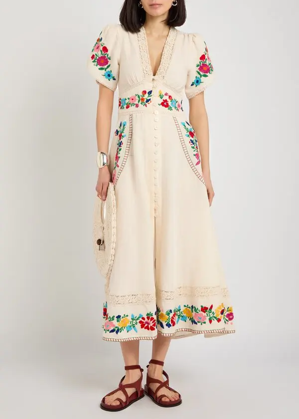 Rixo Novara Floral-embroidered Linen-blend Midi Dress