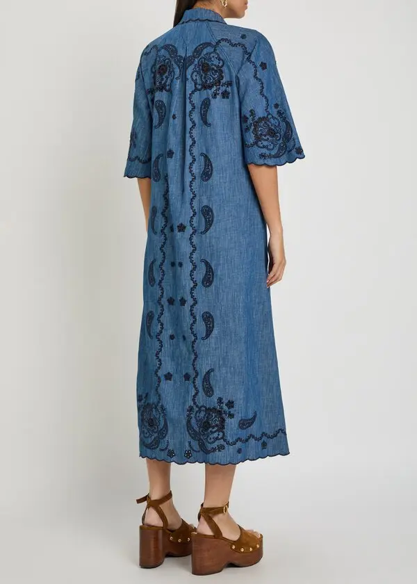 Zimmermann Aster Embroidered Denim Midi Dress - Blue