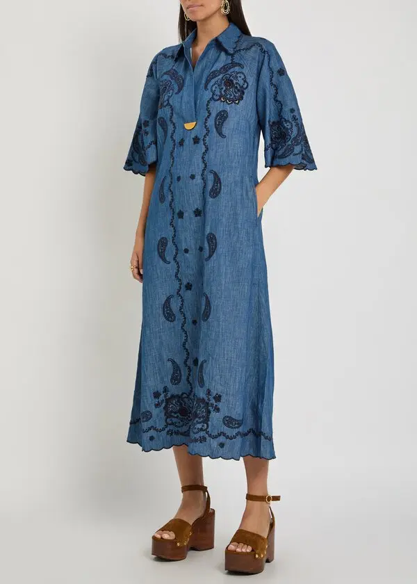 Zimmermann Aster Embroidered Denim Midi Dress - Blue