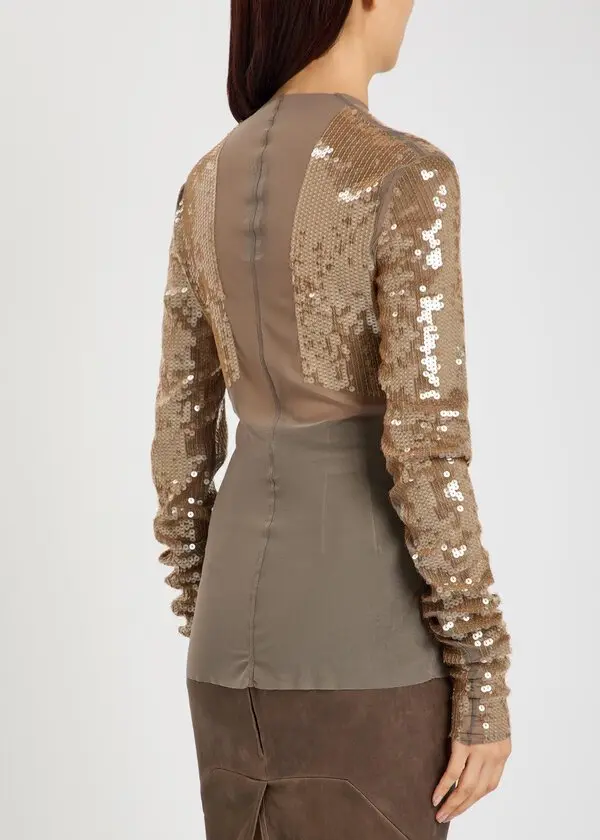 Rick Owens Sequin-embellished Stretch-mesh Top - Light Brown