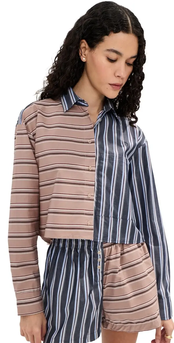 LE BOP Collins Button Down Shirt - Denim/khaki Stripe
