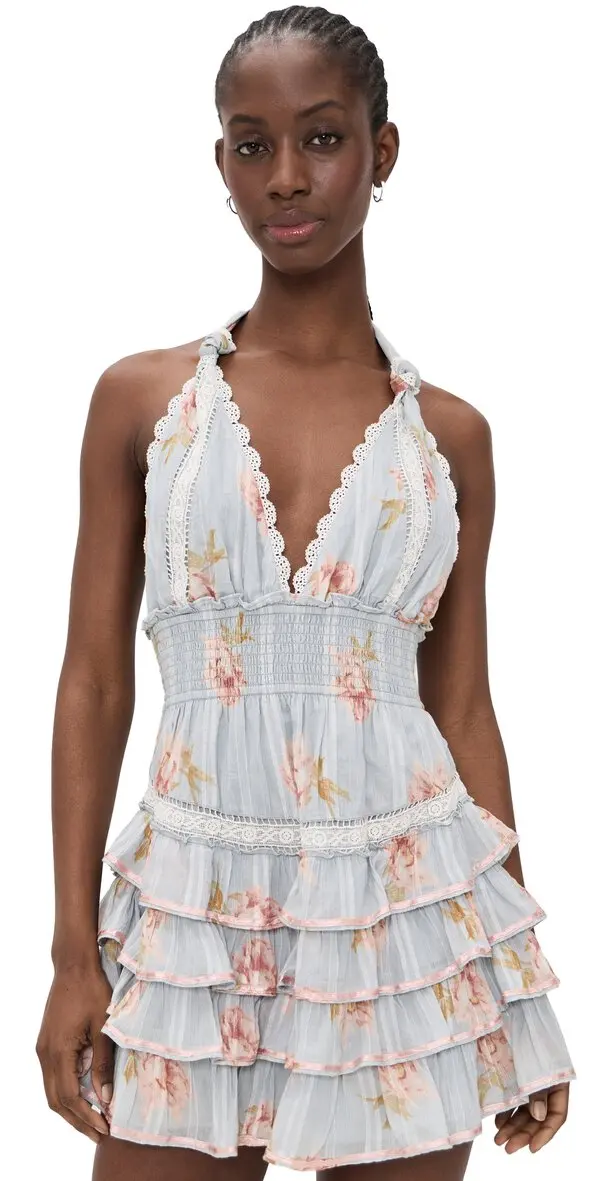 LoveShackFancy Kerch Mini Dress With Floral Print And Eyelet Lace
