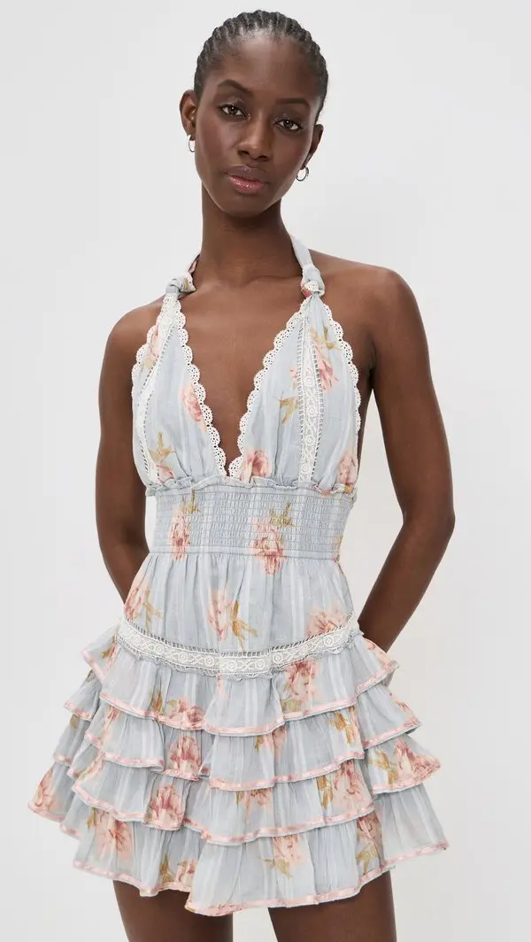 LoveShackFancy Kerch Mini Dress With Floral Print And Eyelet Lace