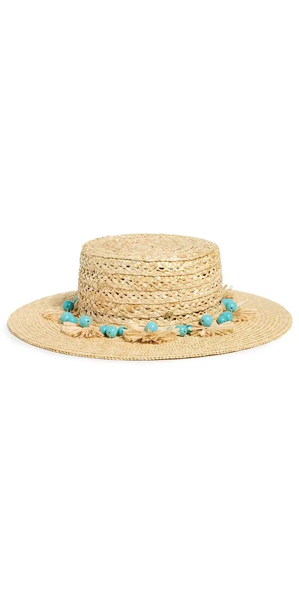 Lele Sadoughi Woven Straw Hat With Raffia And Faux Turquoise Embellishments - Natural