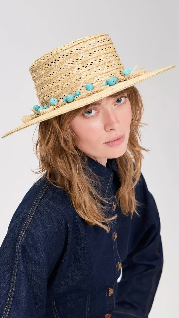 Lele Sadoughi Woven Straw Hat With Raffia And Faux Turquoise Embellishments