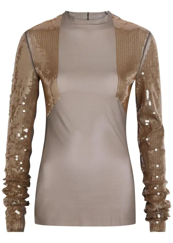 Rick Owens Sequin-embellished Stretch-mesh Top - Light Brown