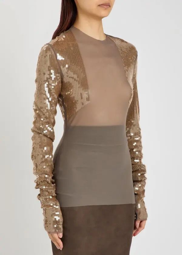 Rick Owens Sequin-embellished Stretch-mesh Top - Light Brown