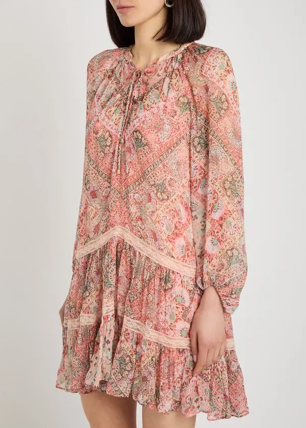 Rixo Miyah Printed Georgette Mini Dress With Lace Inserts