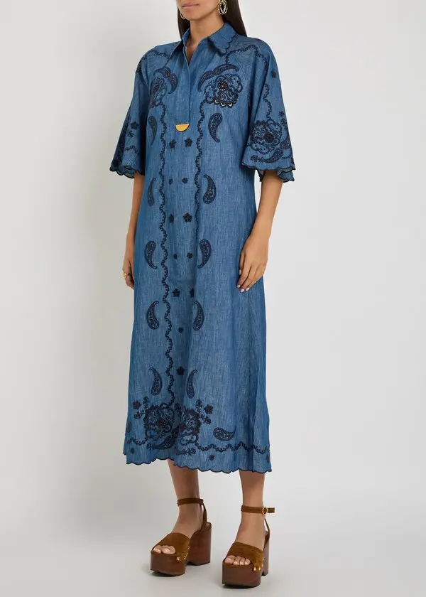 Zimmermann Aster Embroidered Denim Midi Dress