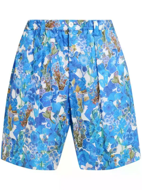 Marni Floral-print Cotton Shorts - Blue