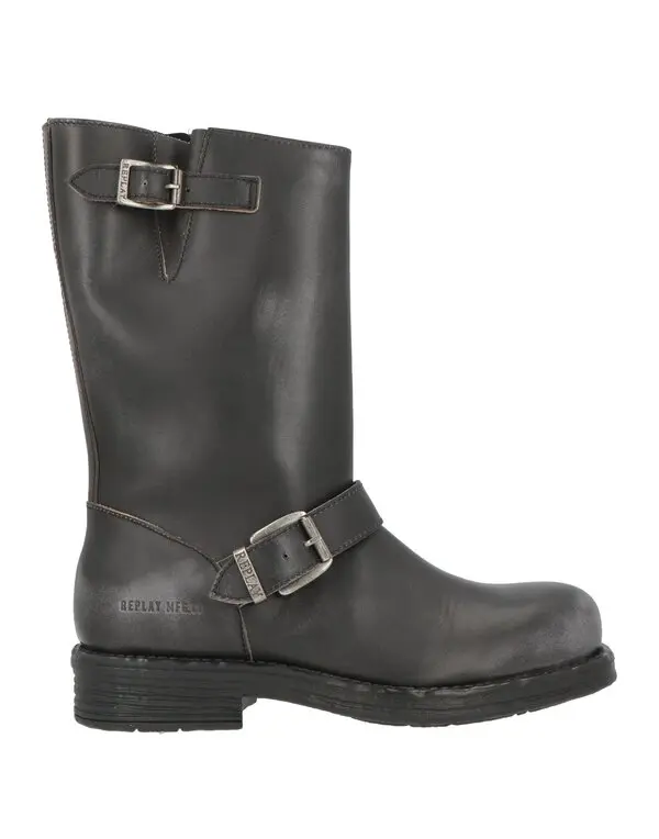 REPLAY Leather Buckled Wedge Boots - Grey