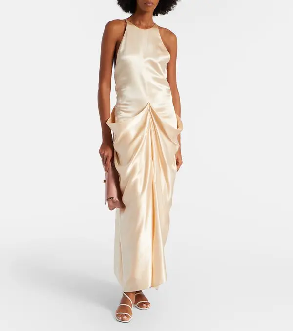 Khaite Draped Gathered Satin Maxi Dress - Beige