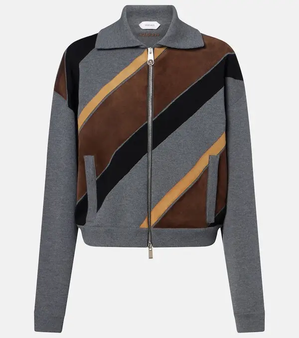 Versace Suede-trimmed Wool-blend Zip-up Sweater - Grey
