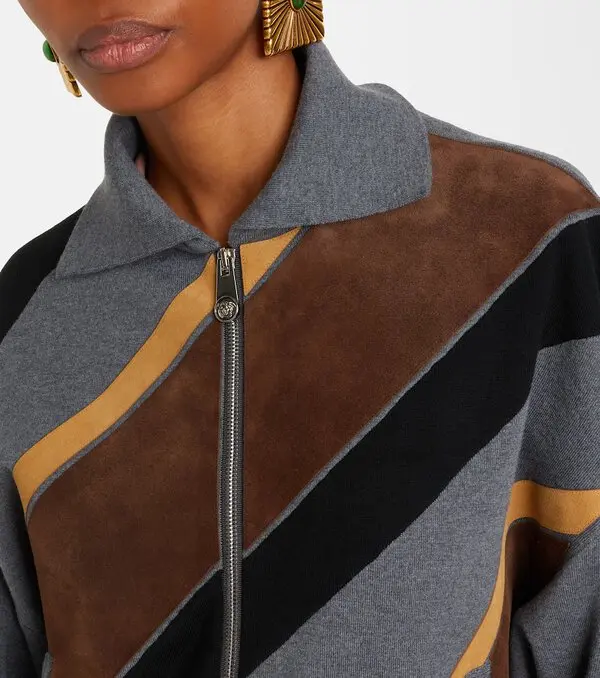Versace Suede-trimmed Wool-blend Zip-up Sweater