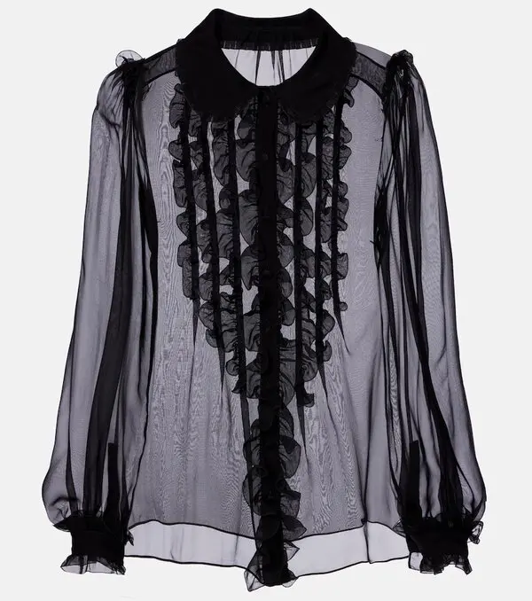 Dolce & Gabbana Ruffled Sheer Silk Blouse - Black