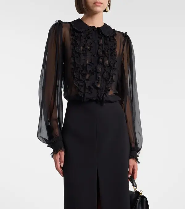 Dolce & Gabbana Ruffled Sheer Silk Blouse - Black