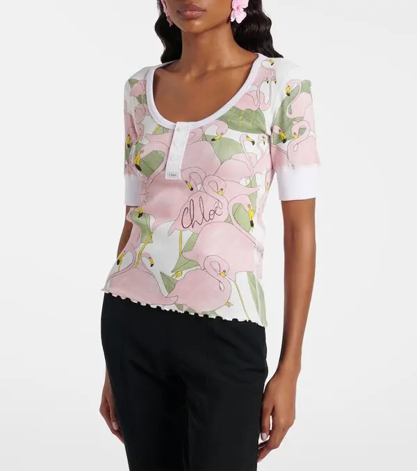 Chloé Printed Cotton-blend Henley Shirt - Pink