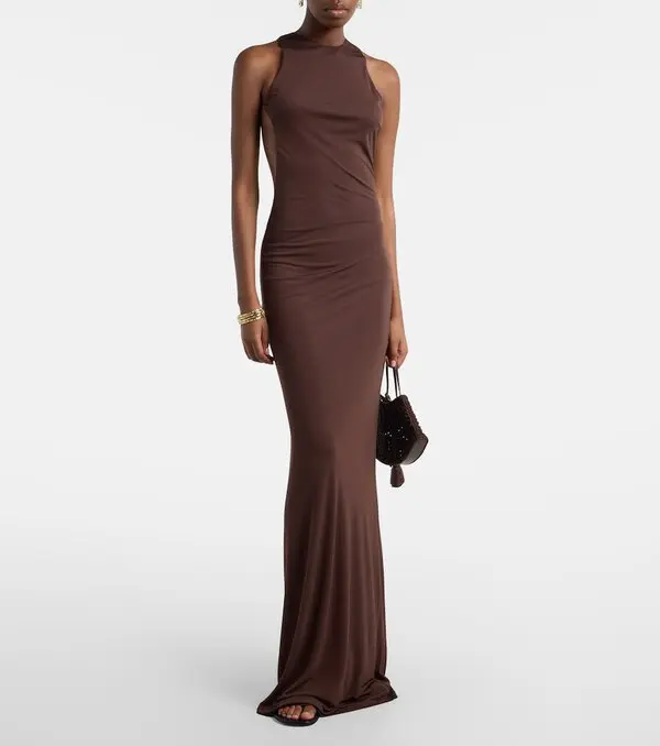 DE LA VALI Maha Beaded Open-back Jersey Gown - Brown