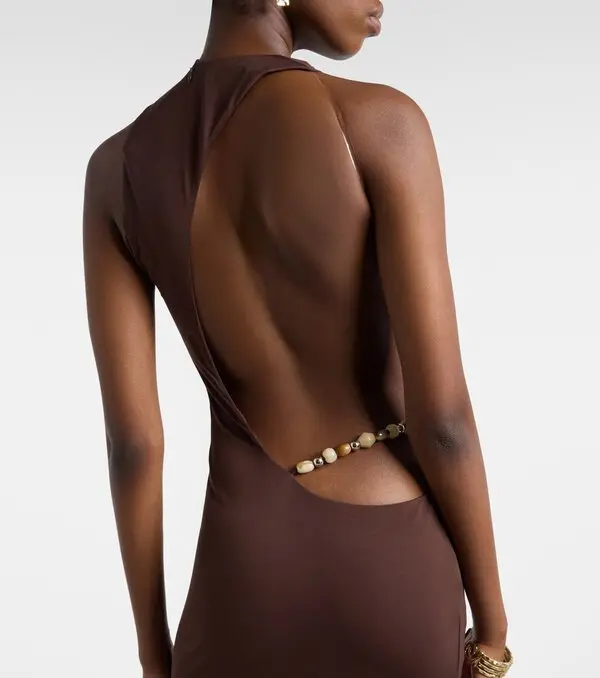 DE LA VALI Maha Beaded Open-back Jersey Gown - Brown