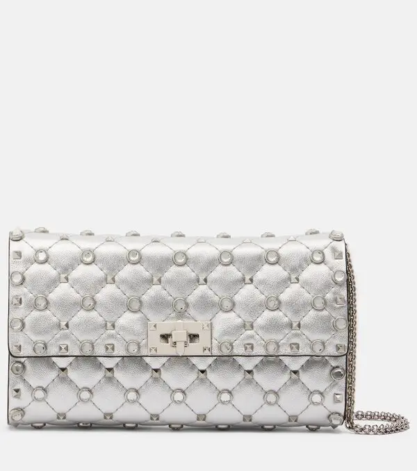 Valentino Garavani Rockstud Spike Metallic Leather Shoulder Bag - Silver