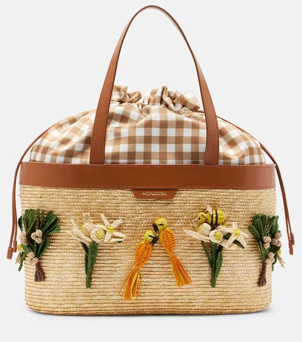 AQUAZZURA Birdsong Appliqué Raffia Tote Bag