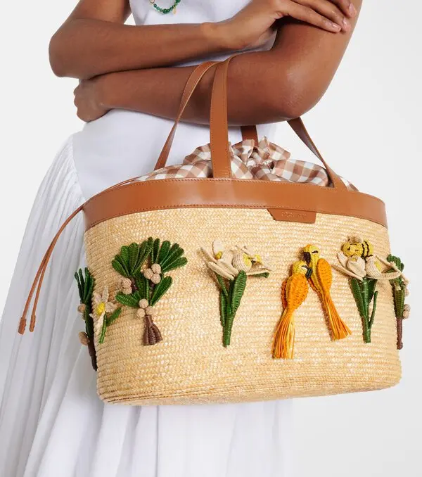 AQUAZZURA Birdsong Appliqué Raffia Tote Bag
