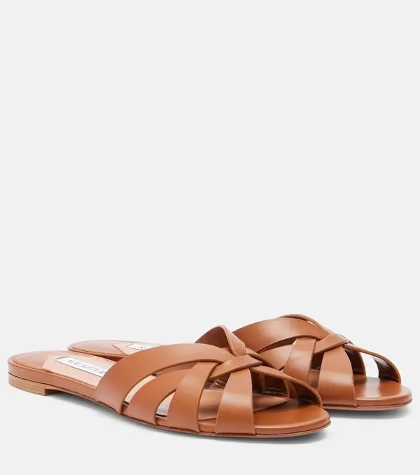 AQUAZZURA Copacabana Leather Slides - Brown