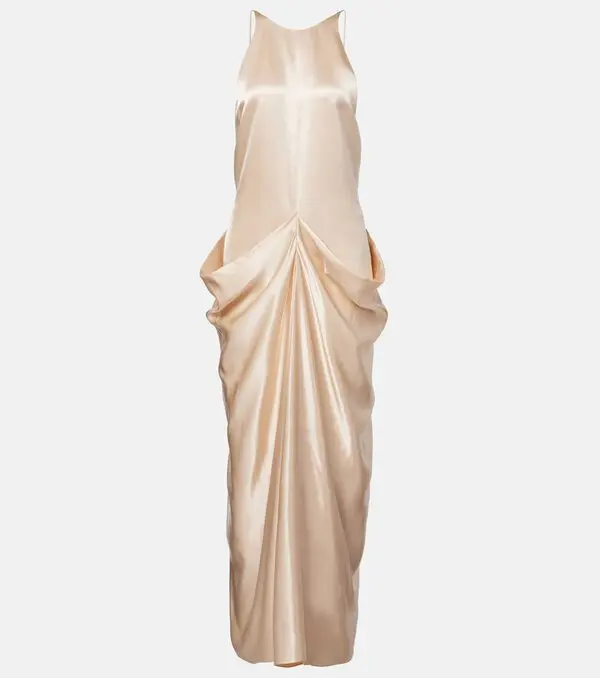 Khaite Draped Gathered Satin Maxi Dress - Beige