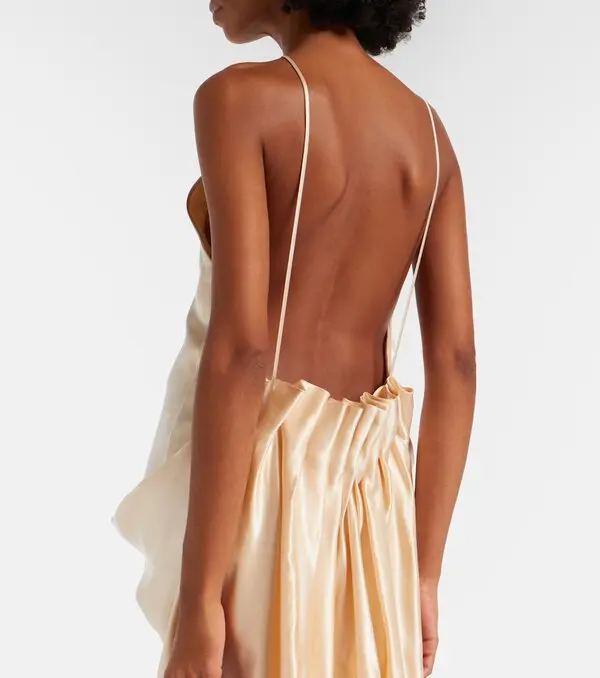 Khaite Draped Gathered Satin Maxi Dress - Beige