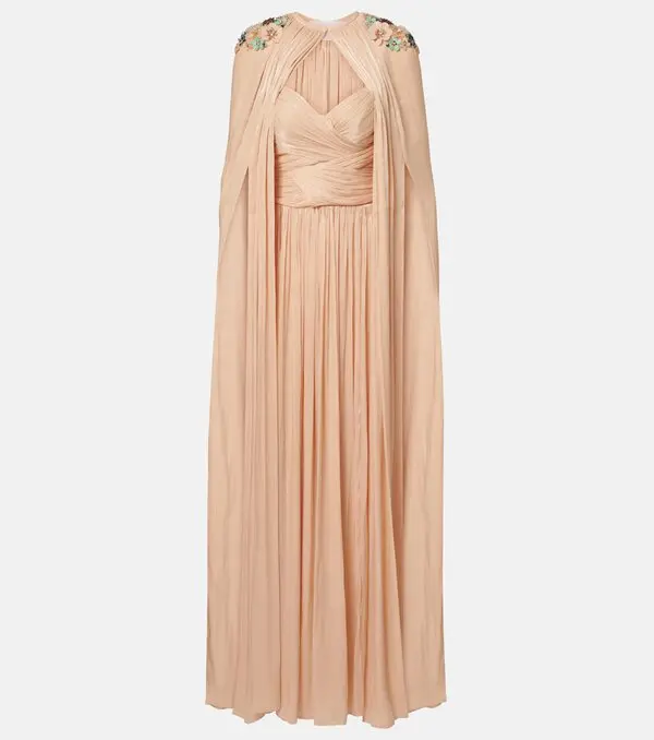 Costarellos Sireen Caped Embellished Gown