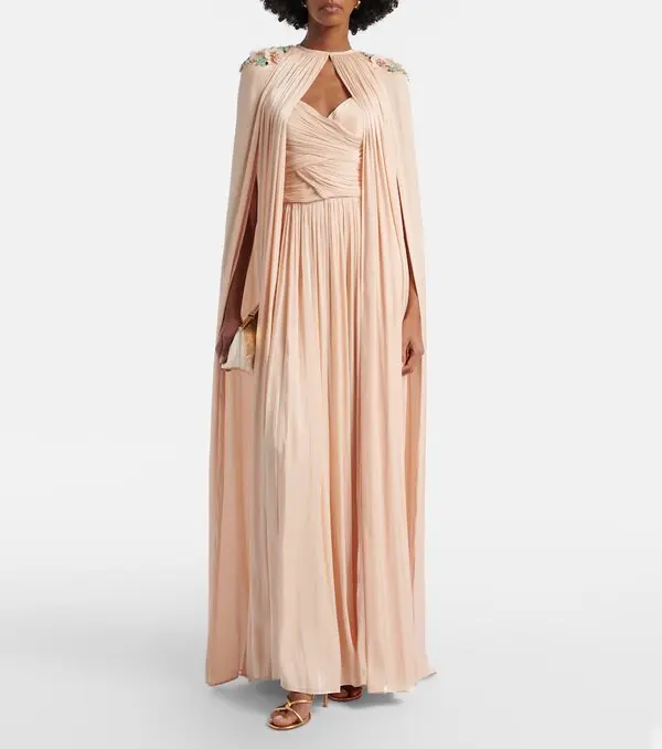 Costarellos Sireen Caped Embellished Gown