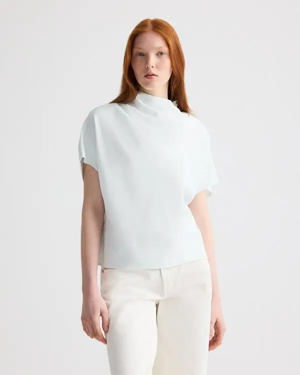 TWP Coated Viscose Linen Mock Neck Tee - Blue Flower