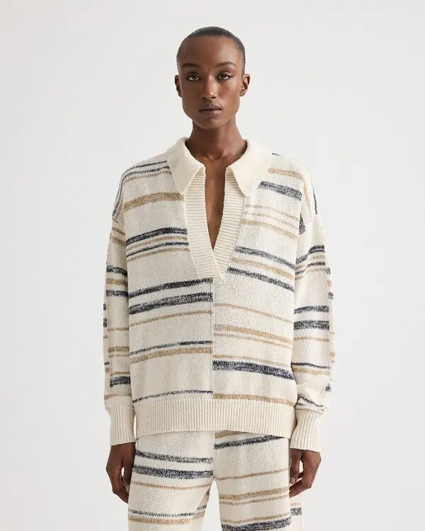 TWP Linen-silk V-neck Long Sleeve Polo