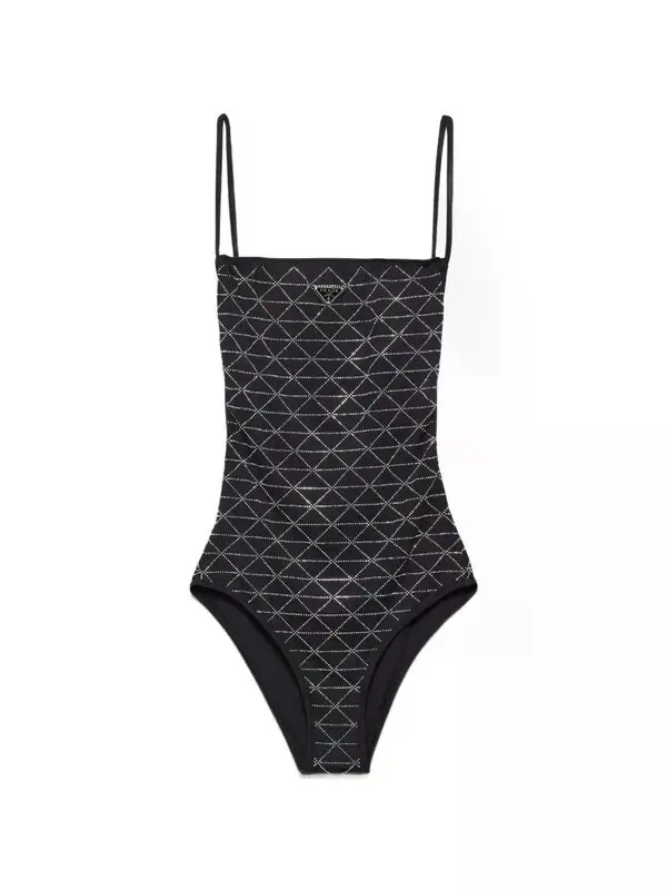Prada Jersey One-piece Swimsuit With Rhinestone Embellishments - Black