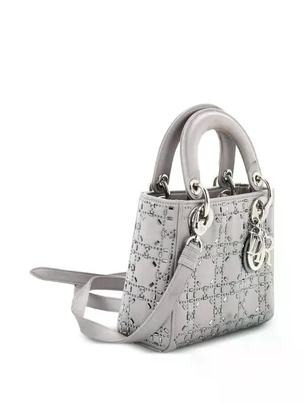 Dior Lady Mini Satchel Crystal Embellished Cannage Quilt - Grey