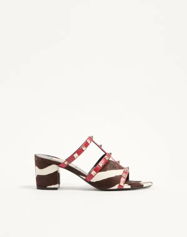 Valentino Garavani Rockstud Pony-effect Calfskin Slide Sandal - White/brown/red