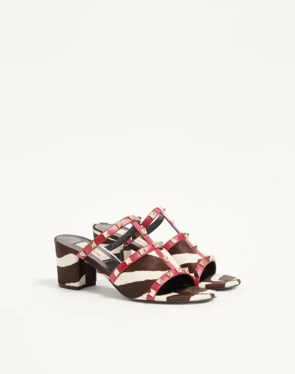 Valentino Garavani Rockstud Pony-effect Calfskin Slide Sandal - White/brown/red