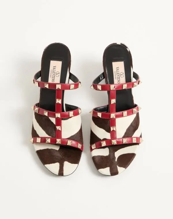 Valentino Garavani Rockstud Pony-effect Calfskin Slide Sandal - White/brown/red